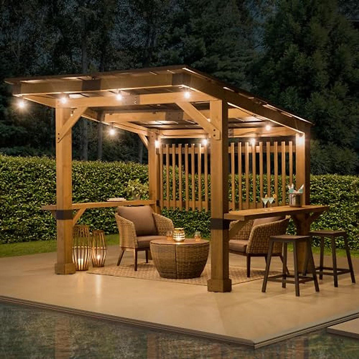 Sunjoy Wooden Grill Gazebo 10 ft. x 11 ft. Outdoor Cedar Frame BBQ Gazebo, Backyard Hot Tub Gazebo with Aluminum Hardtop Roof, Privacy Screen and Bar Shelves by SummerCove