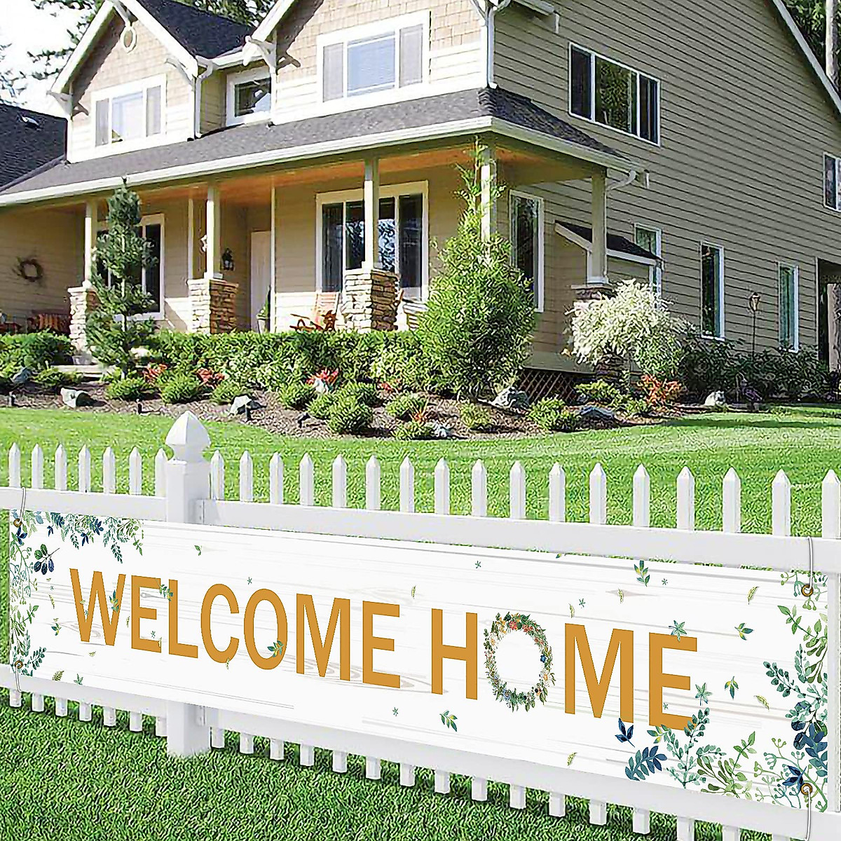 WHPCT Welcome Home Large Banner, Housewarming Party Sign, Flower Cluster Welcome Banner Yard Sign, Spring Summer Floral Welcome Home Banner for House Outside Decor 9.8X1.6Ft WB-ALPmk-ow
