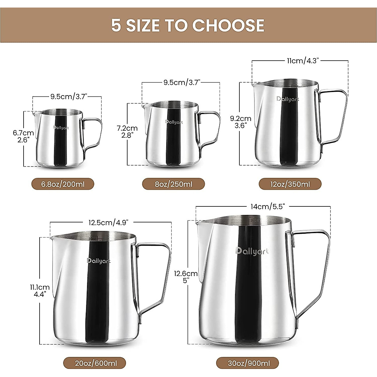 Dailyart Milk Frothing Pitcher 8 Oz/250ml - 304 Stainless Steel Milk Frother Cup with Special Dripless Spout and Scale, Espresso Machine Accessories, Milk Steaming Pitcher for Cappuccino, Latte Art