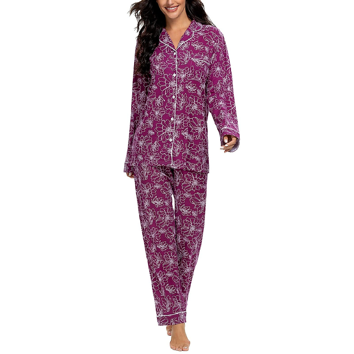 Tugege Pajamas Set Long Sleeve Sleepwear Women Button Down Nightwear Pj Lounge Sets (Burgundy Peony, Large)