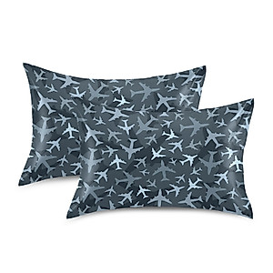 Airplanes Blue Camouflage Pillow Covers Silk Pillowcase for Hair and Skin Soft Breathable Smooth Cooling Satin Pillowcase Standard Size Pillow Case for Bedroom Bed Women Boys Girls (20x30 Inch)