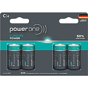 Power ONE LONGLIFE Power C Battery | Long Performing Alkaline Batteries Made in Germany with Up to 10 Years Shelf Life - Pack of 4