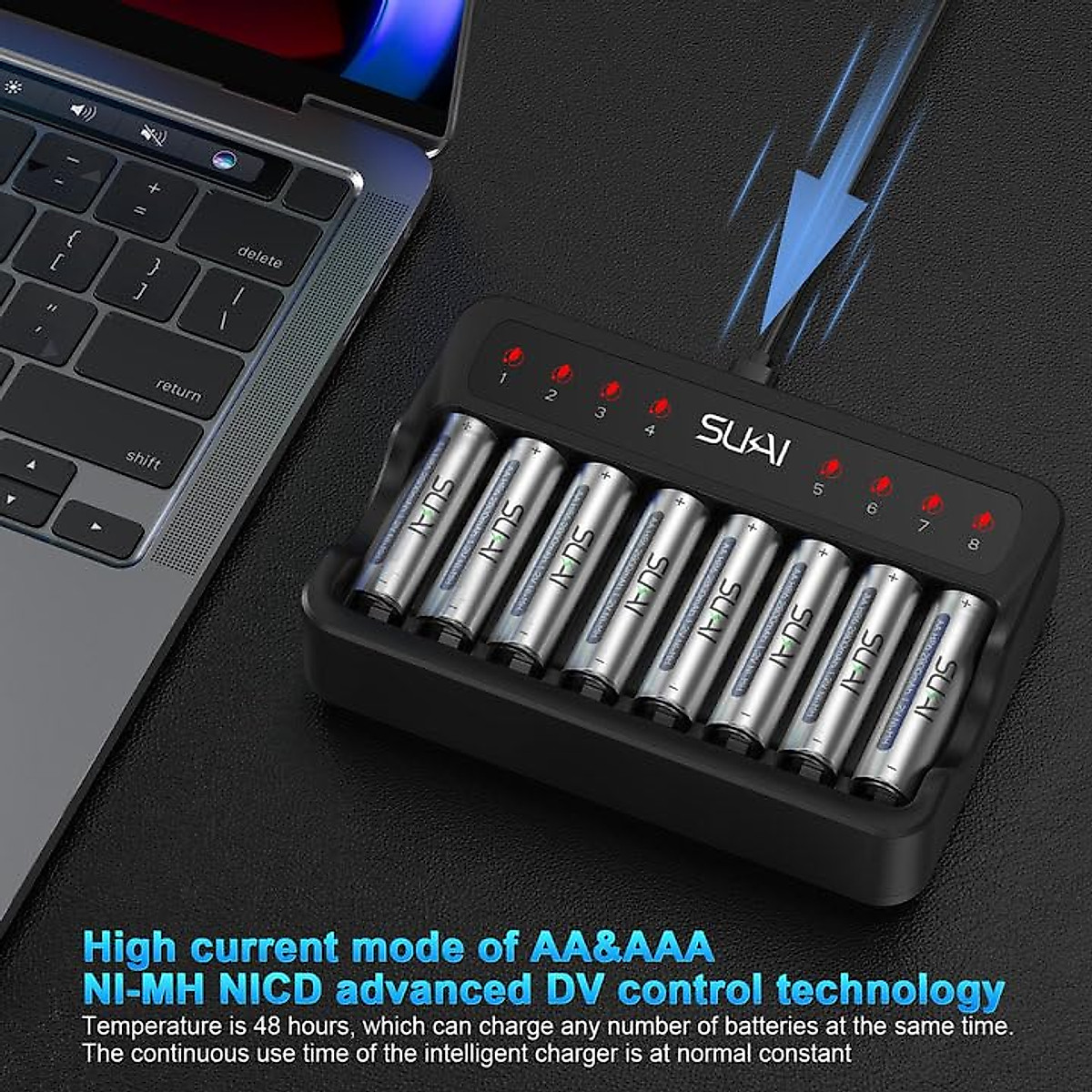 SUKAI Rechargeable AA Batteries with Charger, 8 Count 2800mAh High Capacity and Low-self Discharge 1.2V Ni-MH Double A Batteries, with Smart Battery Charger for AA AAA, USB or Type-C Fast Charging