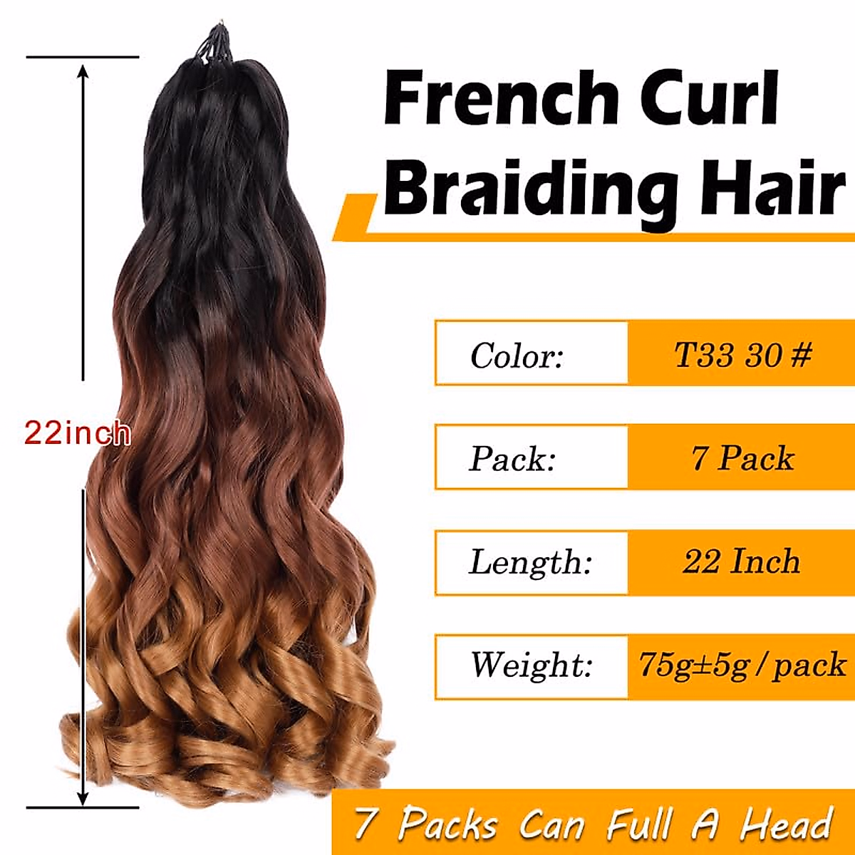 French Curly Braiding Hair 7 Packs 22 Inch Pre Stretched Braiding Hair Ombre Bouncy Loose Wave Crochet Braids for Women Spanish Curly Ends Synthetic Hair Extensions (7 Packs, 1B/33/30#)