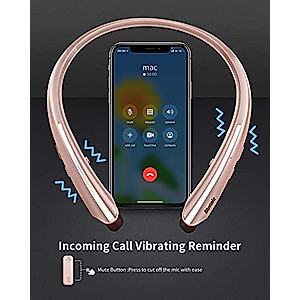 Neckband Bluetooth Headphones, Wireless Bluetooth Headphones with Retractable Earbuds, Noise Cancelling 3D Sound Surround Personal Sport Headset Call Vibrate Alert Earphones with Mic (Rose Gold)