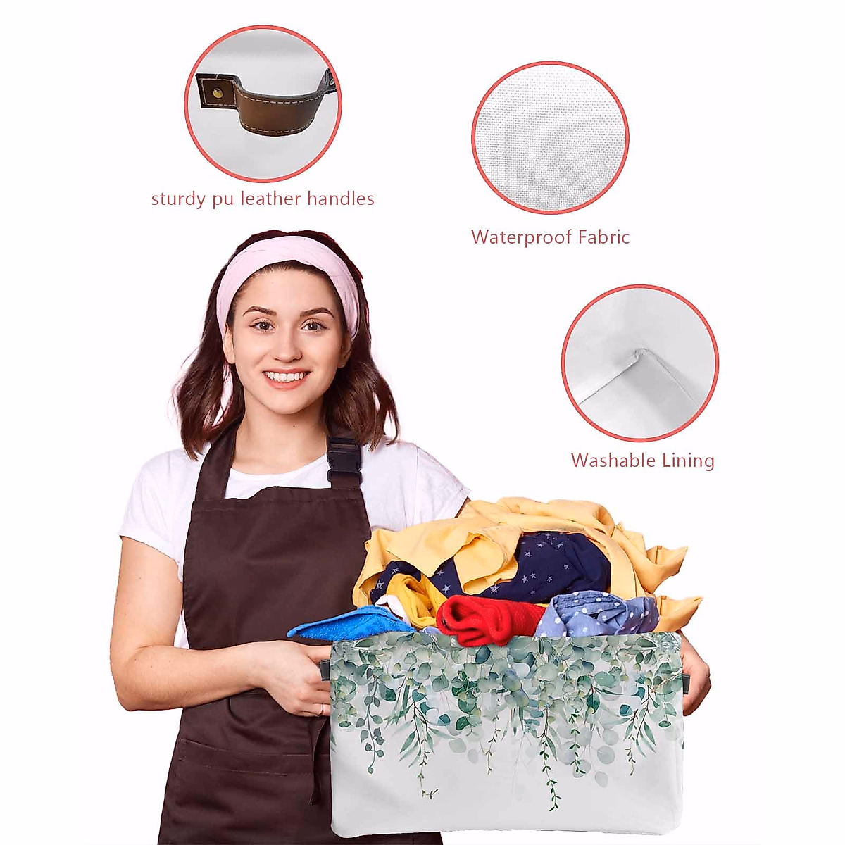 Eucalyptus Storage Basket Sage Green Large Foldable Storage Bins with Handles Watercolor Leaves Waterproof Fabric Laundry Baskets for Organizing Shelves Closet Toy Gifts Bedroom Home Decor