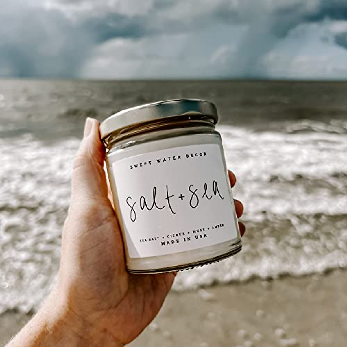 Sweet Water Decor Salt and Sea Candle | Sea Salt, Citrus, Amber, Musk, Beach Scented Soy Candles for Home | 9oz Clear Jar, 40 Hour Burn Time, Made in The USA