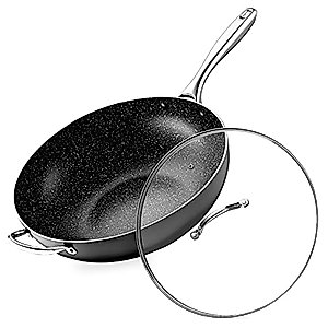 CSK Stir Fry Pan - Wok Pan with Lid, Nonstick Frying Pan with Ergonomic Handle and Flat Bottom, APEO & PFOA-Free Stone-Derived Non Stick Coating,14inch, Black & Gray Black(14 inch)