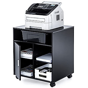 FITUEYES Printer Stand with Storage Adjustable Shelves, Wood Mobile Cart with Door, Rolling File Cabinet on Wheels for Home Office, Black, PS406001WB