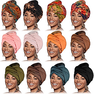 Geyoga 12 Pieces Head Wraps for Women Turbans African Headwraps for Black Women Soft Long Headband Scarf Hijab (Classic Colors)