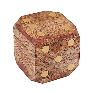 Asiatic Craft Dice Box Game Set Comes with 5 Dices - Wooden Brass Inlay Holder Roller Storage Protect Rolling Standing Display Counters Mini Travel Board Coffee Table