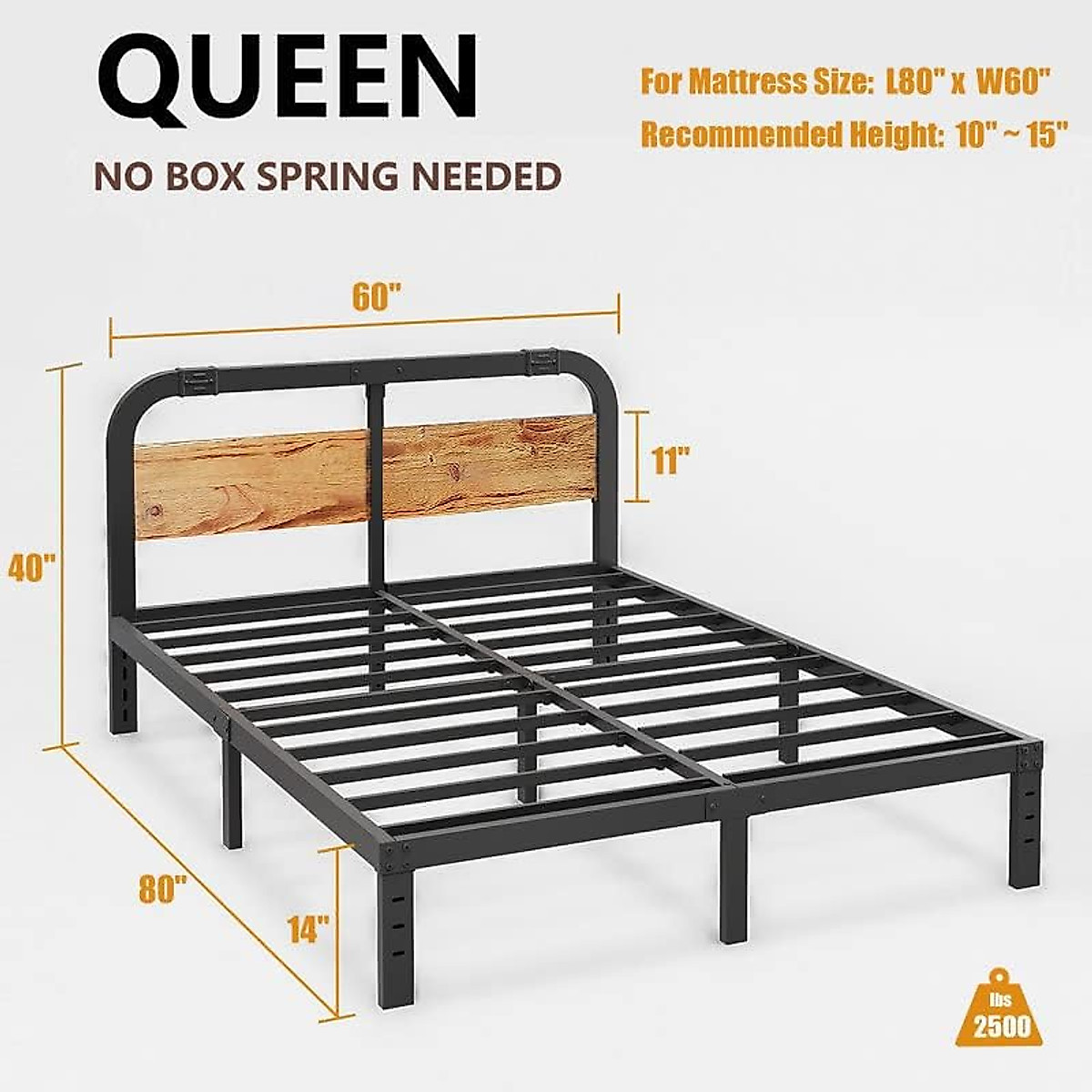 Aardhen Queen Size Bed Frame 14 Inch Rustic Wood Headboard, Heavy Duty Steel Slats Support, Easy Assembly, No Box Spring Needed, Quiet and Sturdy