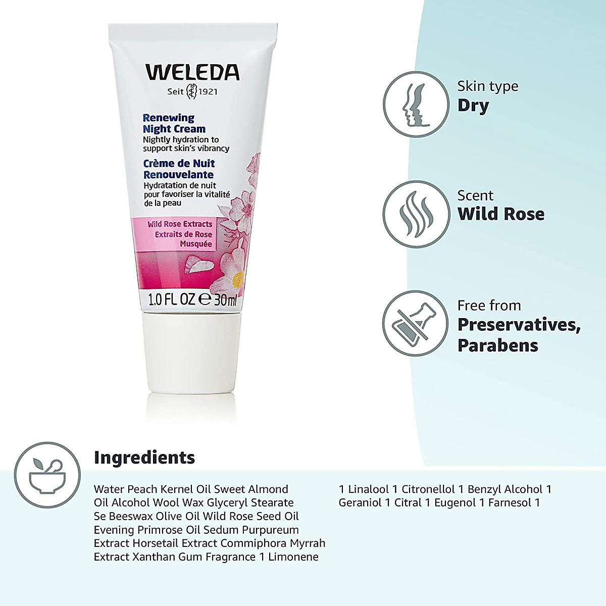 Weleda Renewing Night Face Cream, 1 Fluid Ounce, Plant Rich Moisturizer with Wild Rose, Peach Kernel and Sweet Almond Oils