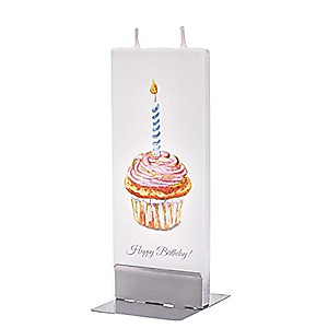 Flatyz Hand Painted Flat Candle - Happy Birthday Cupcake | Unique Birthday Gift | Unscented, Dripless, Smokeless, Decorative | Double Wick with Metal Base
