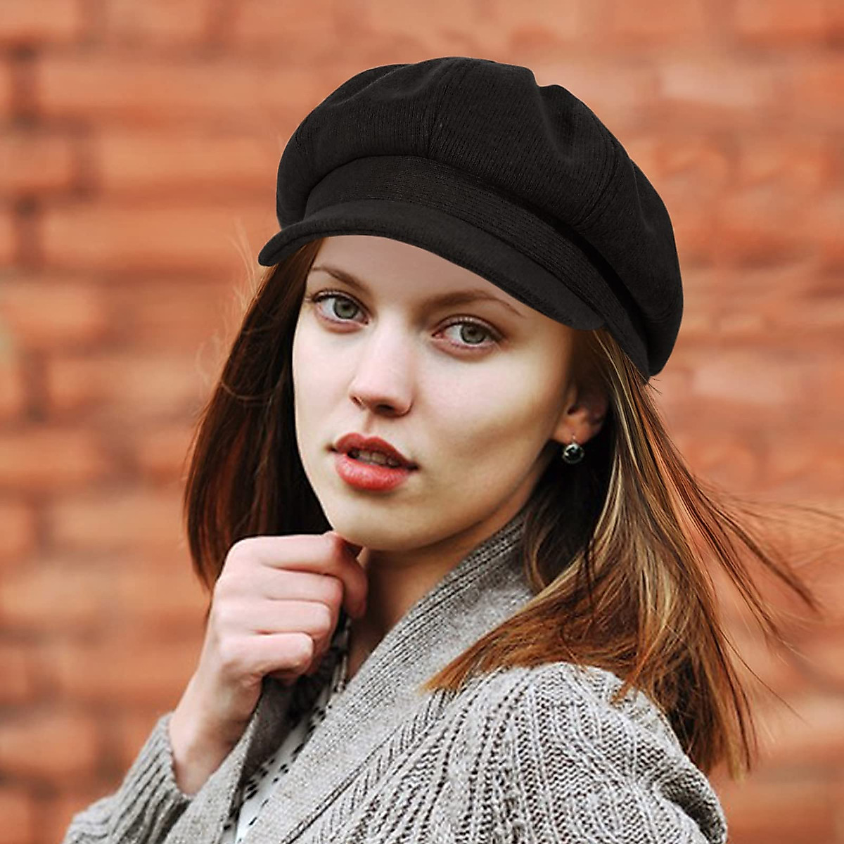 Womens Fashion Newsboy Cap Bakerboy Cabbie Gatsby Visor Beret Hat Tweed Girls Pageboy Caps (Cotton-Black)