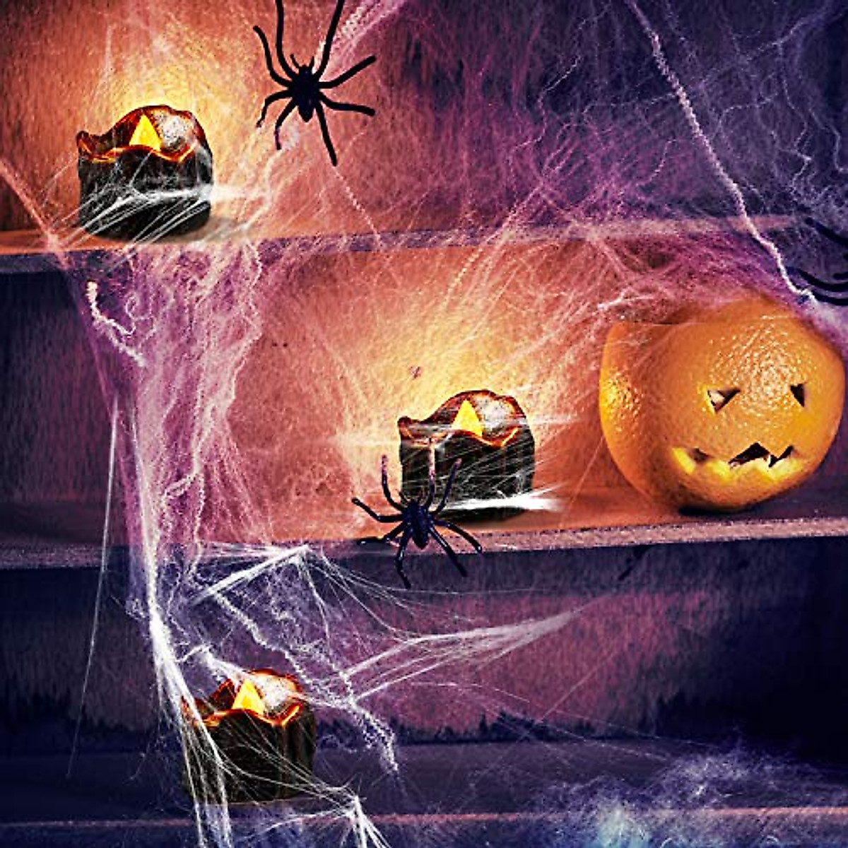 12 Pieces Halloween Decorations Flickering Flameless Candles with 10 Pieces Spiders and White Spider Web Decorations for Halloween Party Favor (Amber Yellow)