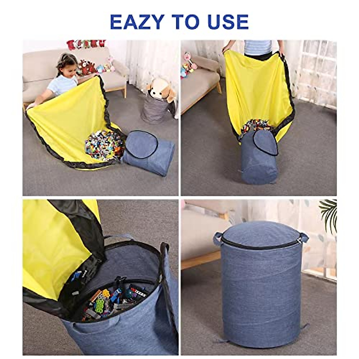 Toy Storage Baskets and Play Mats, Large Toy Organizer, Toy Storage Bags, Washable Drawstring Play Mat, Foldable Canvas Basket Suitable for Toy Bricks (Blue)
