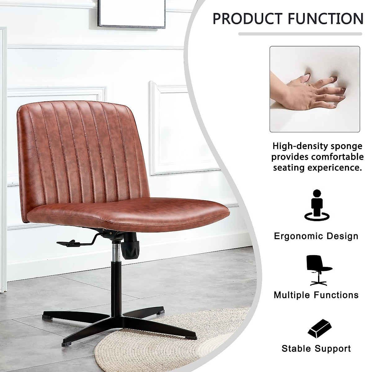 Daesar Office Chair Brown Pu Material. Home Computer Chair Office Chair Adjustable 360 °Swivel Cushion Chair with Black Foot Swivel Chair Makeup Chair Study Desk Chair. No Wheels
