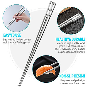 SFOPORD 5-Pairs Metal Chopsticks - Reusable Chopsticks set, 316 Stainless Steel Chopsticks Dishwasher-safe, Square Lightweight Chopsticks Easy to Use and Clean - Gift Set