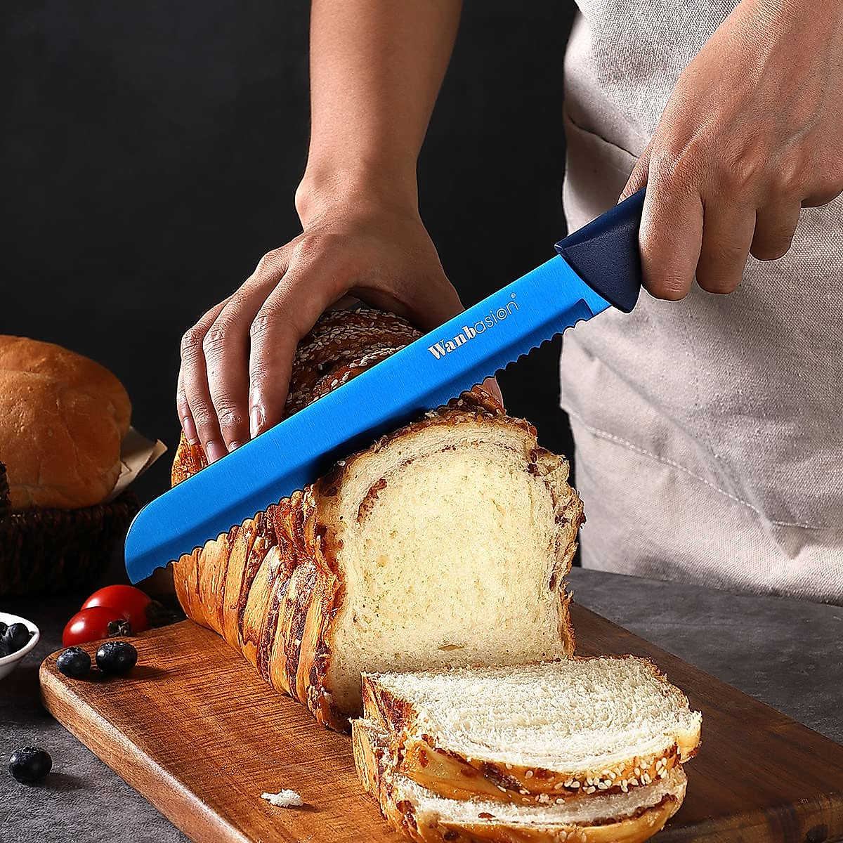 Wanbasion Blue 8 Inch Serrated Bread Knife, kitchen Bread Knife Serrated with Sheath, Stainless Steel Bread Knife for Homemade Bread Cake