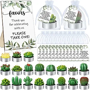 MTLEE 36 Sets Succulent Cactus Candles Baby Shower Favors for Guests Include 36 Plant Tealight Candles 36 Thank You Tags 36 Organza Bags Wooden Standing Sign for Gender Reveal Gifts (Greenery)