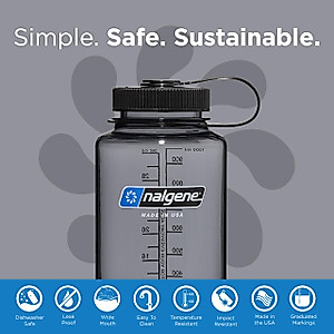 Nalgene Sustain Tritan BPA-Free Water Bottle Made with Material Derived From 50% Plastic Waste (using ISCC certified mass balance), 32 OZ, Wide Mouth, Gray w/ Black Lid