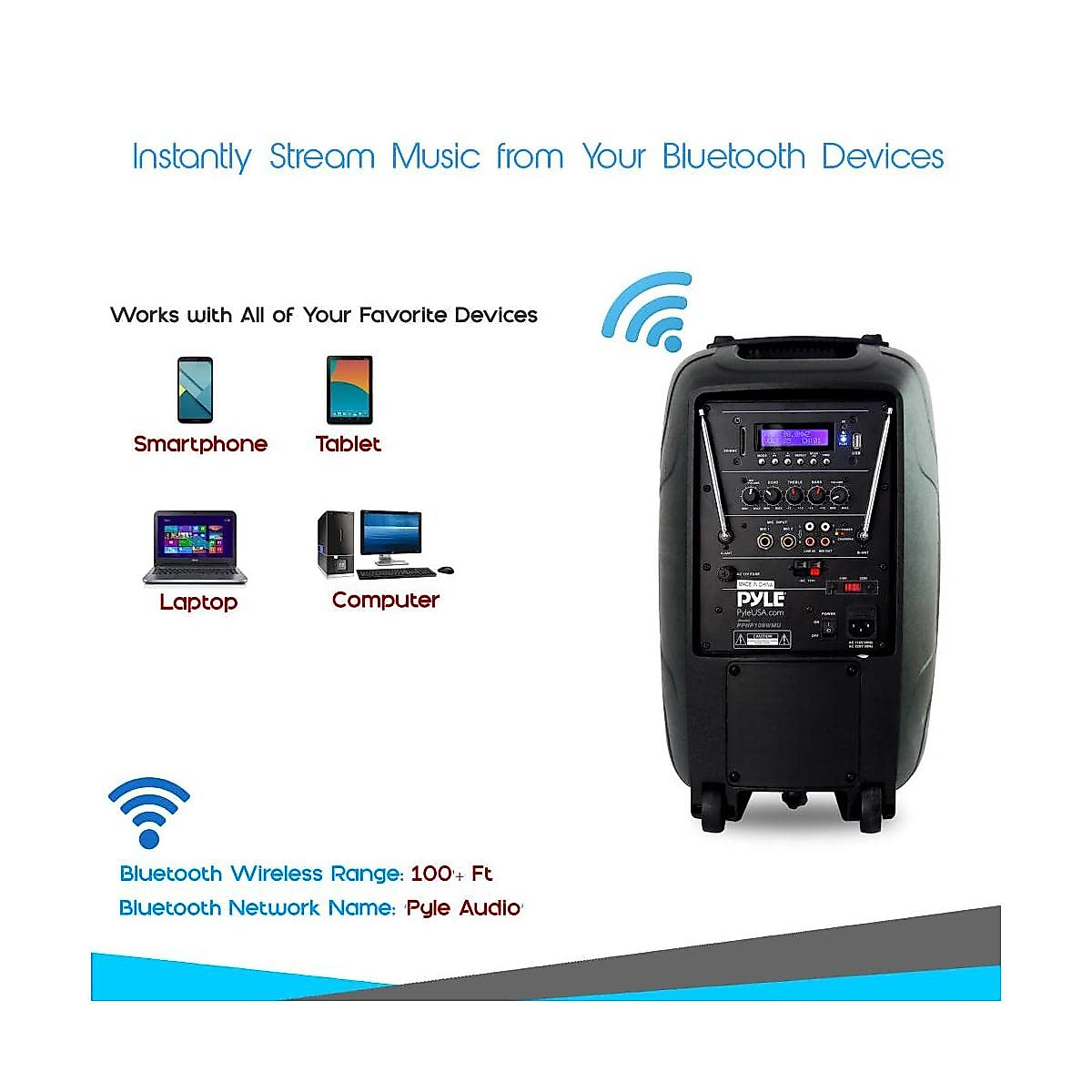 Pyle Wireless Portable PA Speaker System - 1000W Rechargeable Battery Powered Bluetooth Compatible Active Outdoor Speaker - USB SD MP3 AUX RCA FM Radio - 35mm Mount Microphone Transmitter PPHP109WMU