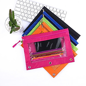 Binder Pencil Pouch with Zipper Pulls, Pencil Case with Rivet Enforced 3 Ring, Multicolored 5 Pack