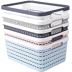 SOUJOY 5 Pack Classroom Storage Basket with Handles, Woven Plastic Organizing Bin, 9.1"L x 6.8''W x 4.5H'' Office Storage Organizer Bin for Pantry, School, Toy, Beauty Products