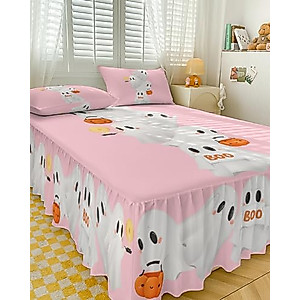 AMZRicher Halloween Wrap Around Pleated Bed Skirts for Queen Bed 60x80, Decorative Dust Ruffle Bed Sheet & Bedskirt 18'' Drop Bedspread with Pillow Case 20x30 White Ghost Pumpkin Blush Pink