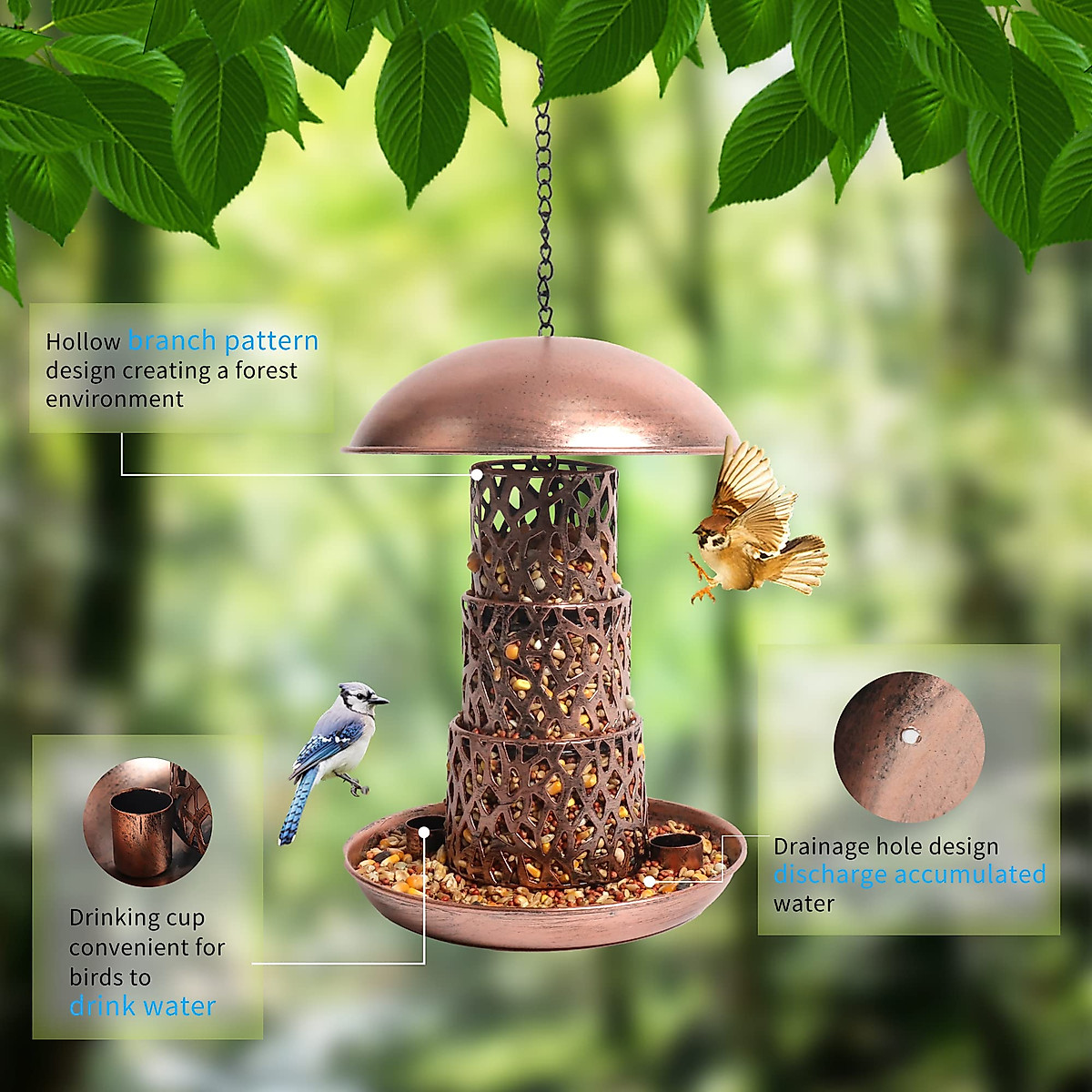 VGHELO Wild Bird Feeders for Outdoors Hanging, Metal Copper Bird Seed Feeders, Unique Hanging Bird Feeder for Backyard and Garden Decor