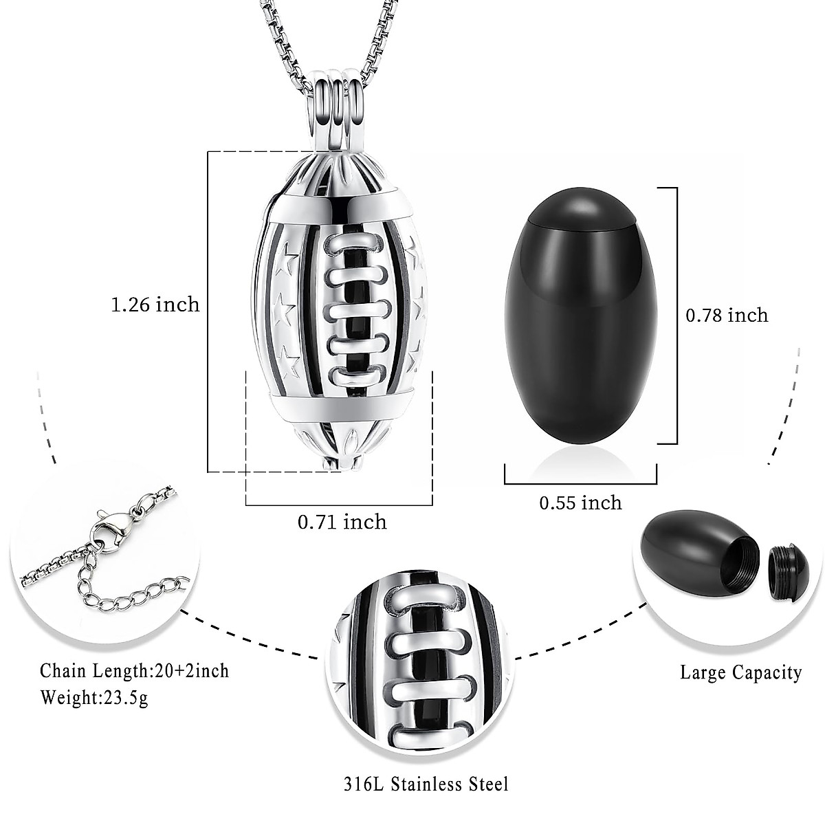 Oinsi American Football Cremation Locket Necklace For Ashes Of Loved Ones Stainless Steel Memorial Urn Jewelry Women Men Keepsake Fashion Necklace (Silver With Black)