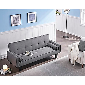 72" Modern Futon Sofa Loveseat Convertible Sleeper Couch Bed Daybed, Folding Recliner with Two Pillows, Cotton Linen 2-Seat Sofá & Couches for Living Room, Apartment, Limited Space Furniture Sets