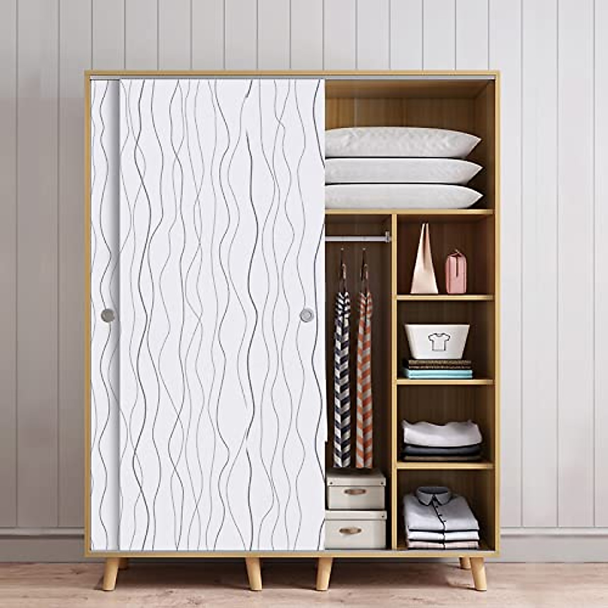 236.2"x17.7" White Peel and Stick Wallpaper Silver Modern Embossed Stripe Contact Paper Self Adhesive Removable Wave Wallpaper Perfectly Covers The Surface Not See Through Wall Covering Film1 …