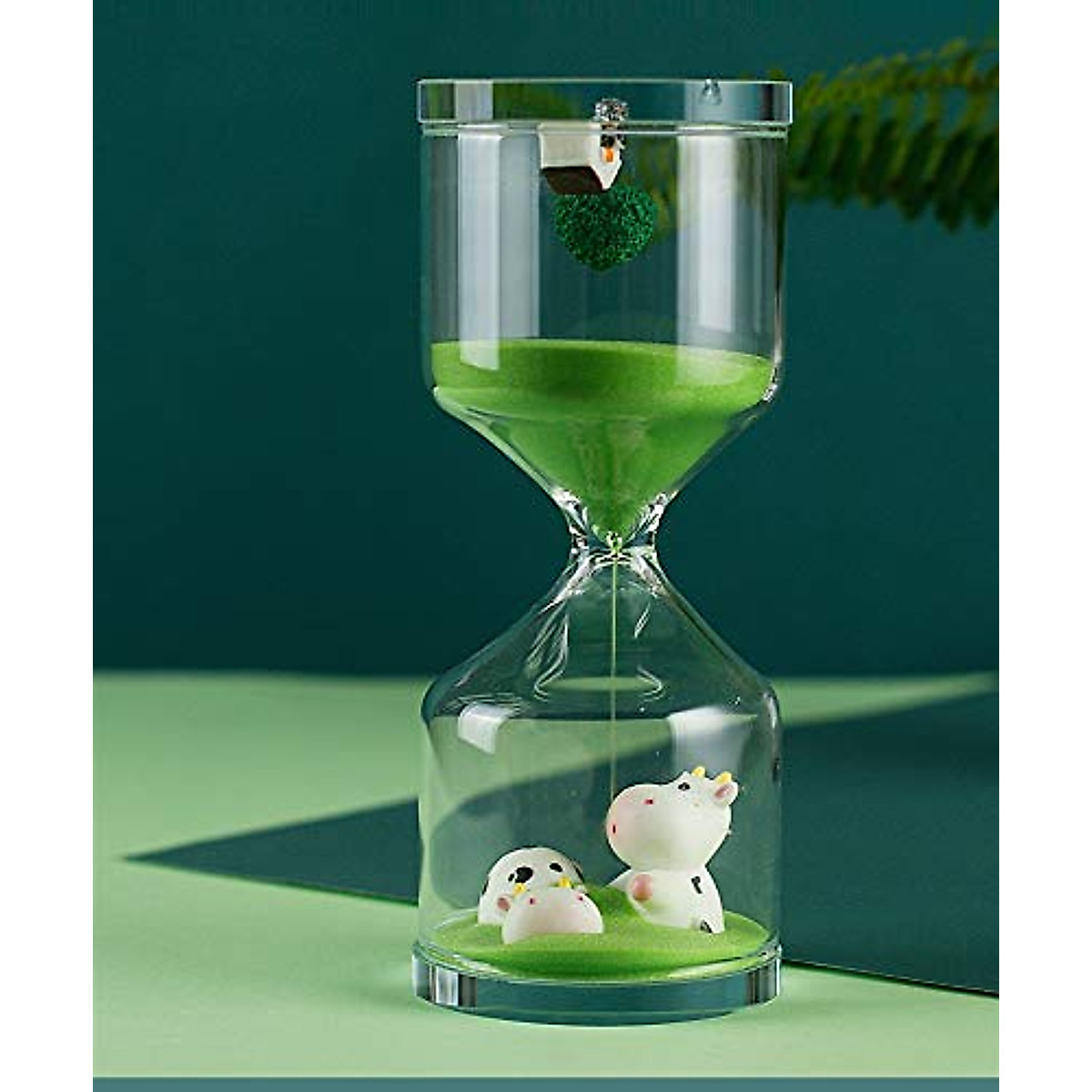 Falytemow 30 Minutes Hourglass Green Farm Sand Timer Cute Cow Desktop Decoration for Kitchen School Teaching