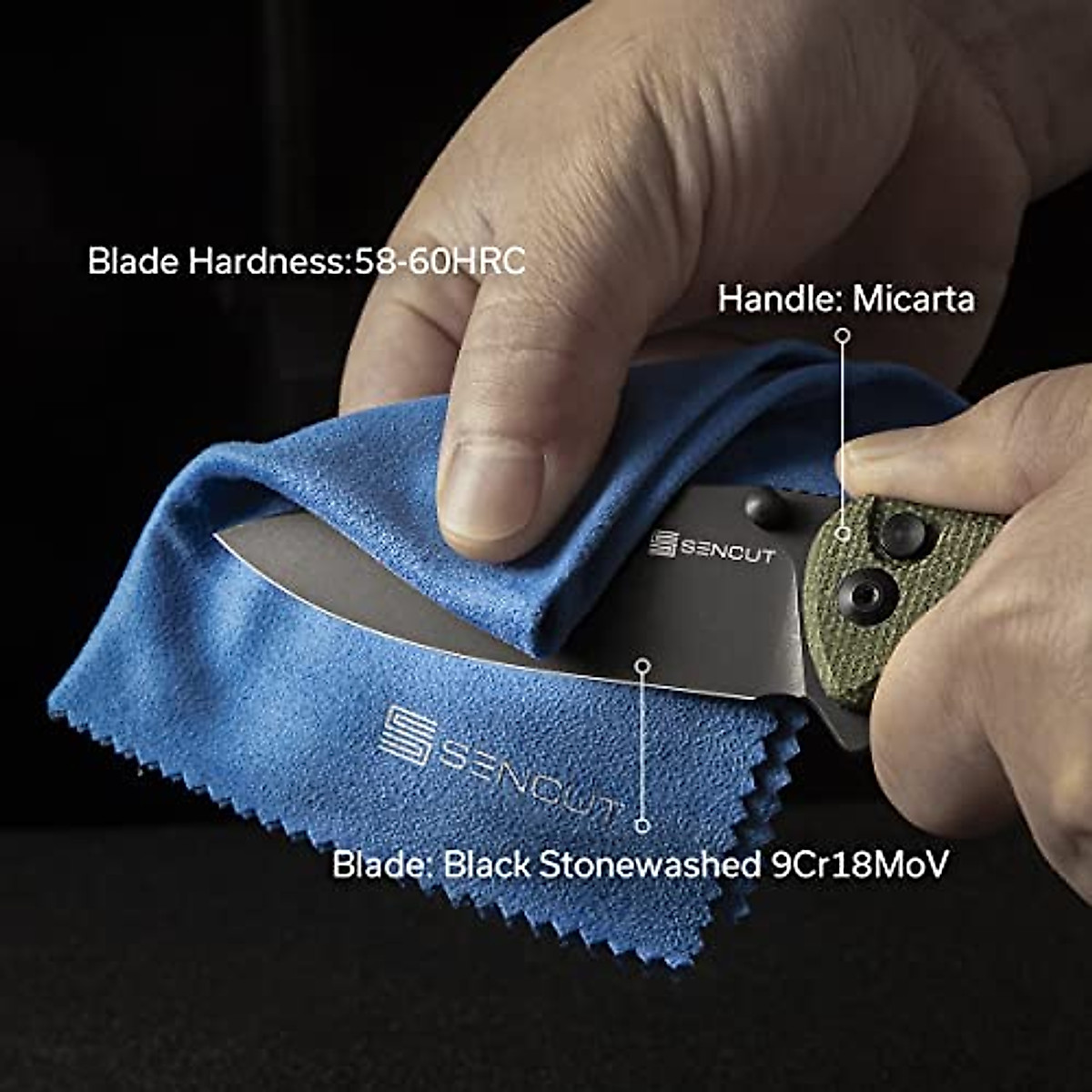 SENCUT Sachse Pocket Knife Folding Knife for EDC, Green Micarta Handle Black Stonewashed 9Cr18MoV Blade Foldable Small Knife with Clip, Button Lock Everyday Carry Knife for Men Women, Lightweight for Indoor Outdoor Gift S21007-2