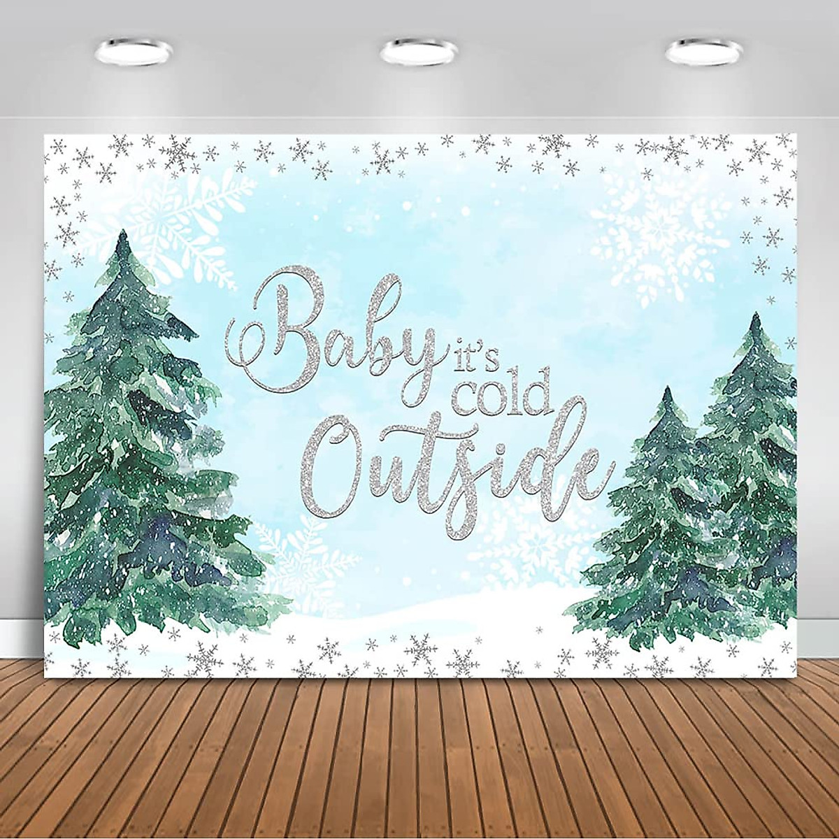 Mocsicka Baby It's Cold Outside Backdrop Winter Blue Silver Snowflakes Boy Baby Shower Background Watercolor Pine Tree Baby Shower Party Decoration Banner Photo Booth Props (7x5ft)