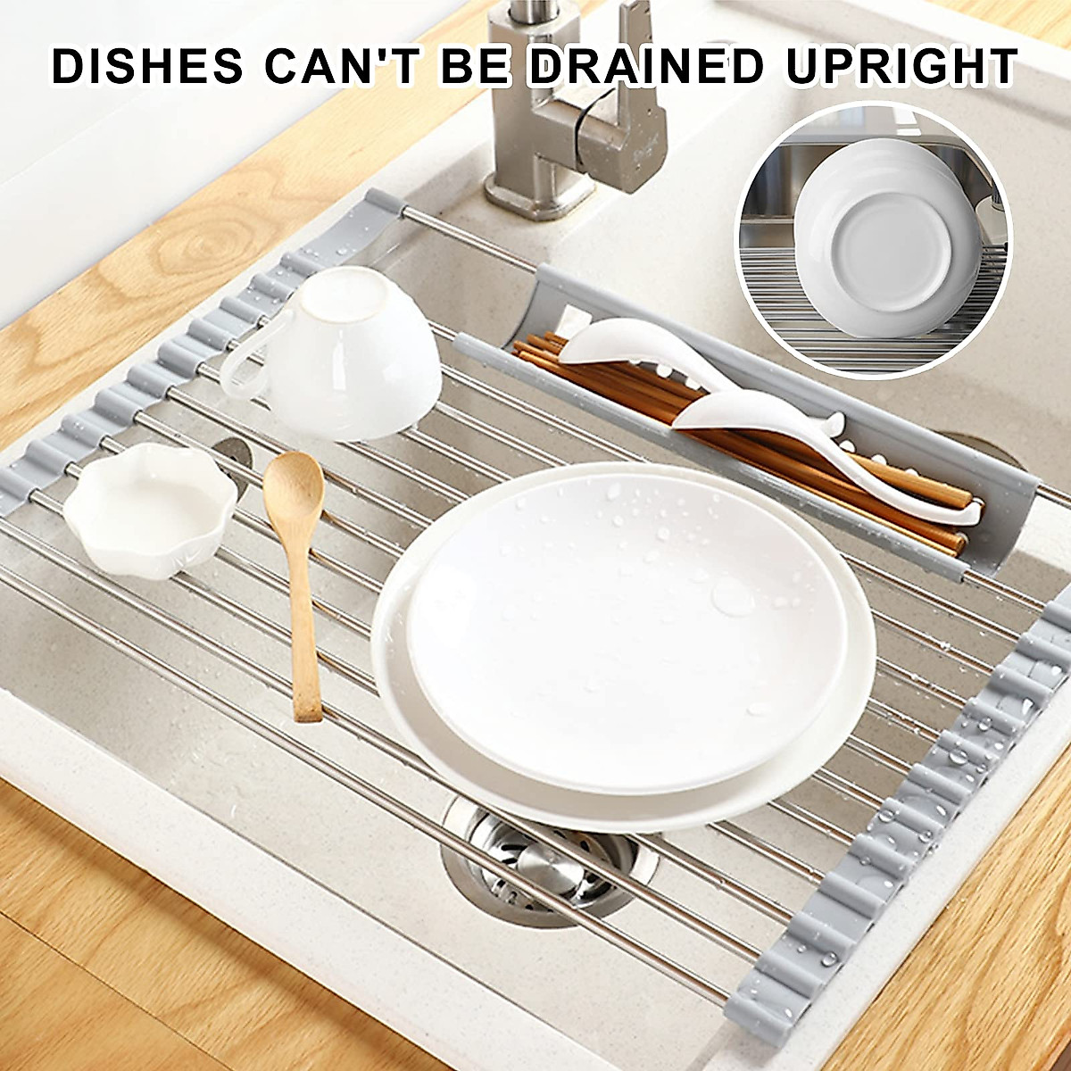 NileHome Roll Up Dish Drying Rack, Sink Drying Rack Over Sink Dish Drying Rack 304 Stainless Steel Foldable Drain Rack for Kitchen Sink Counter Utensils Vegetables and Fruits (17.5''X13'')，Gray…