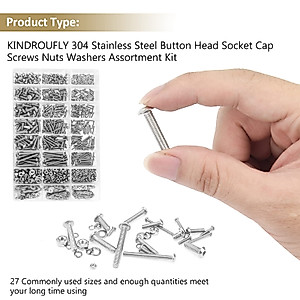 1504 Pieces Button Head Socket Cap Screws Nuts Washers Kit, Kindroufly M2 M3 M4 Screw Assortment Kit, Machine Screws, 304 Stainless Steel, Fully Machine Thread, Silver