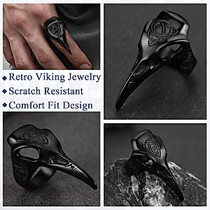 FaithHeart Mens Skull Rings Size 9 Black Stainless Steel Punk Viking Jewelry for Male Retro Celtic Knot Raven Biker Pinky Ring