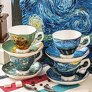 Van Gogh Tea Set, Set of 4 Glasses with Beautifully Painted Van Gogh Art, Fine Bone China Van Gogh Mugs - Set of 4-8oz. by Gute Kitchen