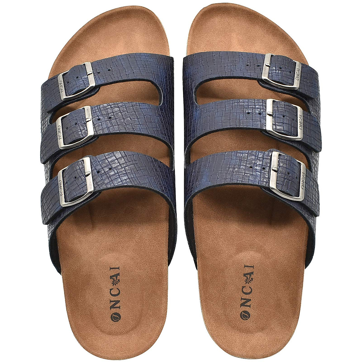 ONCAI Mens Sandals, Arch Support Summer Beach Slides Cushion Cork Footbed Sandals Outdoor/Indoor with Adjustable Buckle Strap Blue Size 11.5