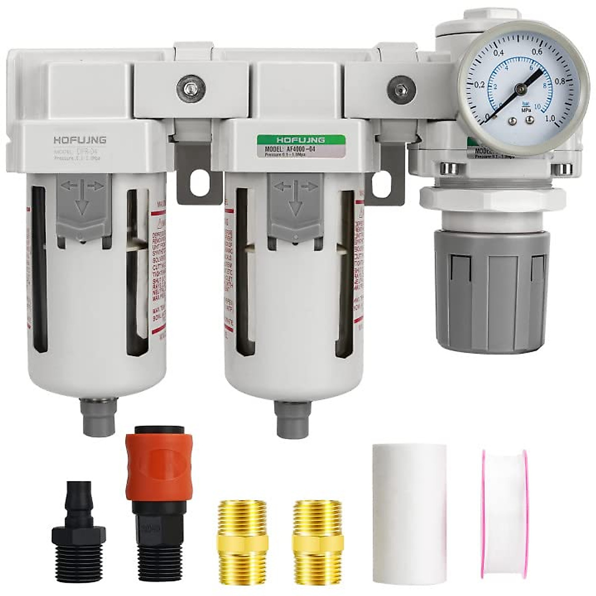 1/2" NPT Air Dryer System, 5 Micron Particulate Filter, 0.5＆0.01 Micron Coalescing Filters, Air Pressure Regulator Combo, 0-150 psi Gauge, Semi-Auto Drain, Poly Bowl, Metal Bracket
