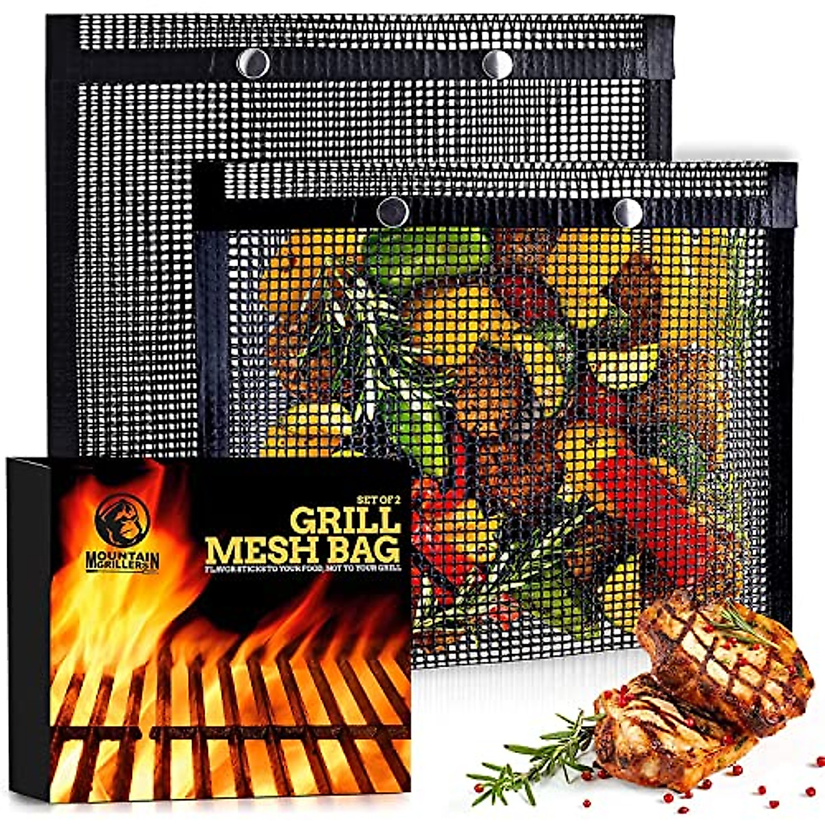 BBQ Mesh Grill Bags - 12 x 9.5 Inch Reusable Grilling Pouches for Charcoal, Gas, Electric Grills & Smokers - Heat-Resistant, Non-Stick Barbecue Bag is a Must-Have for All Pitmasters - Set of 2