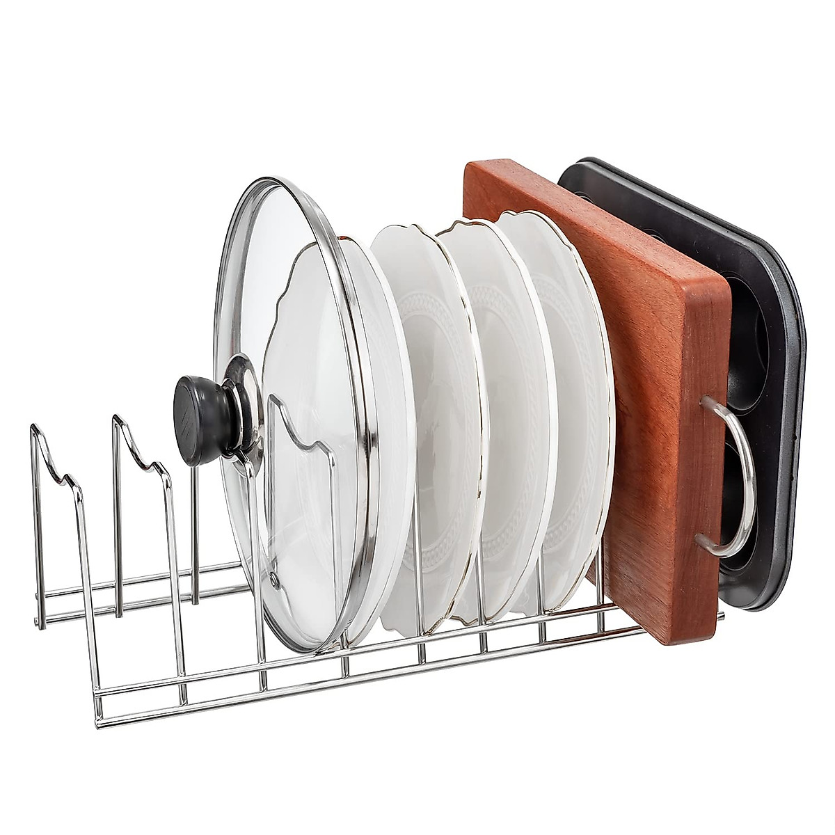 Pot Lids/Pan Holder Organizer, Stainless Steel Kitchen Cooking Top Cover Rack Storage for Cutting Board, Baking Sheet, Skillet, Cookware, Stand in Cupboard/ Cabinet on Countertop (stainless steel, 2)