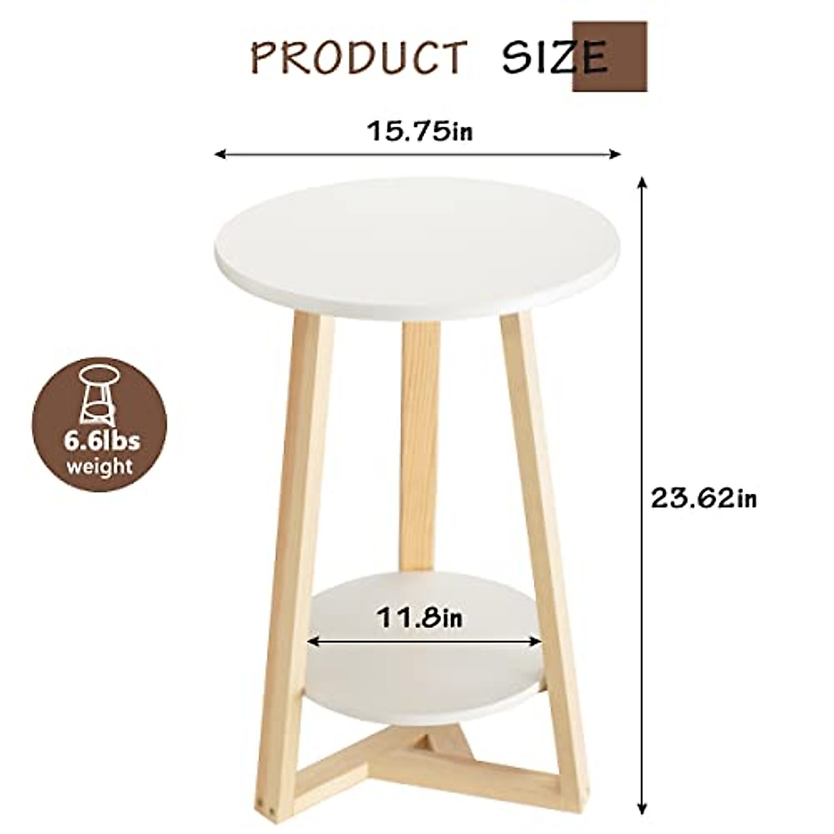 TINSAWOOD Round Side Table, Two-Tier White Side Table for Living Room, Bedroom, Balcony, Office & Small Spaces, Small End Table with Storage Shelf, Easy Assembly