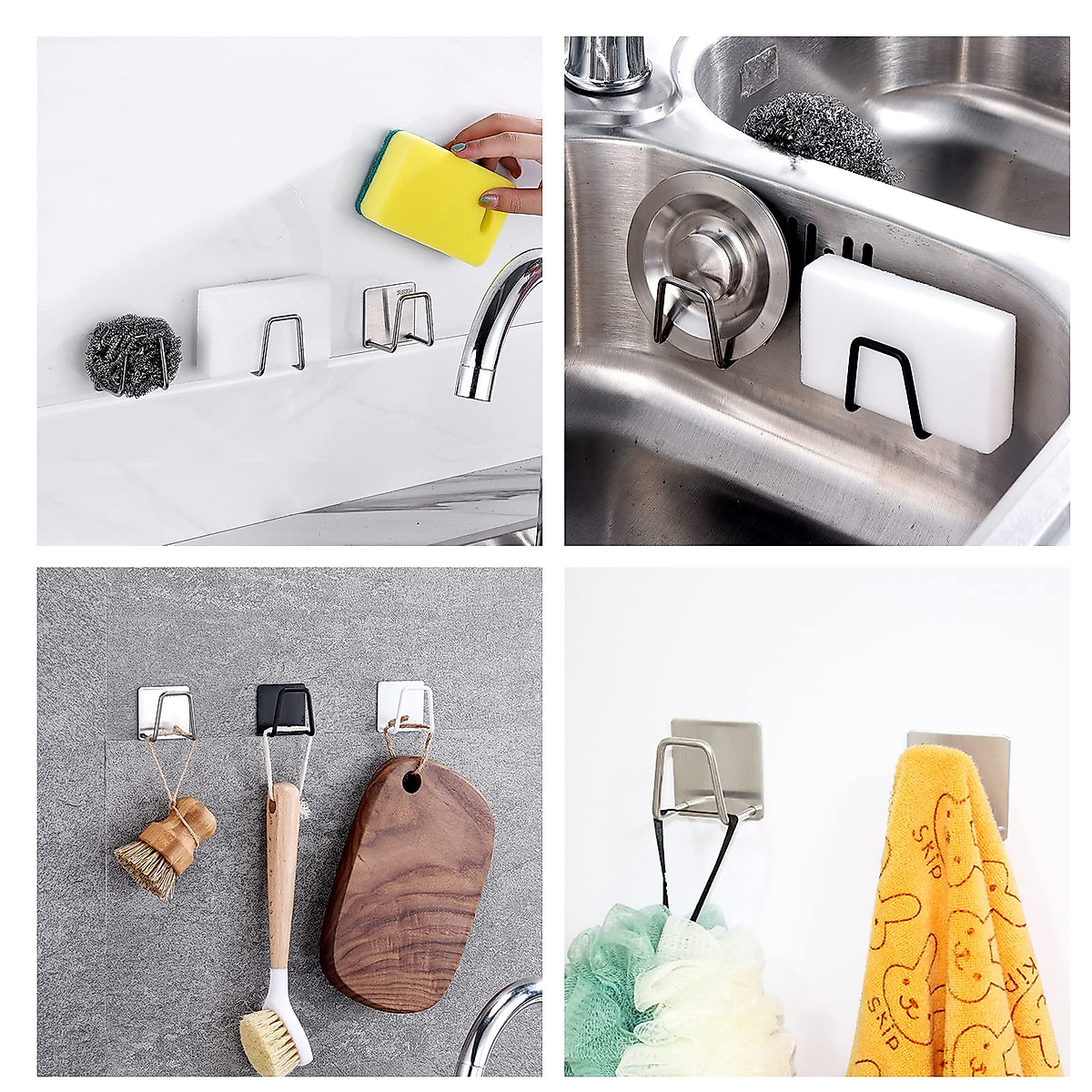 FuninCrea Sponge Rack, 2 PCS Durable Waterproof Kitchen Sink Rack, Super Self-Adhesive Universal Stainless Steel Sponge Holder, Kitchen Accessories for Household Storage and Draining (Black)