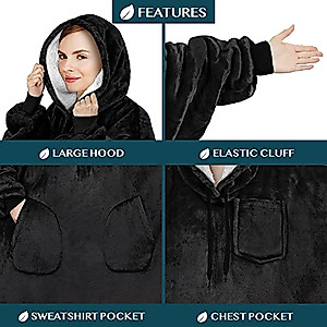PAVILIA Wearable Blanket Sweatshirt for Women Men, Black, Warm Cozy Giant Blanket Hoodie, Fleece Sherpa Oversized Blanket Sweatshirt with Sleeves, Big Pocket