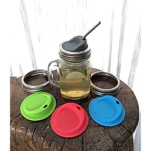 THINKCHANCES Reusable Food Grade and BPA Free Silicone Sip Coffee Juice Drinking Lid Kit with Stainless Steel Rings for Mason, Ball, Canning Jars, Pack of 4 Sets (Wide Mouth,Oval Drinking Hole)