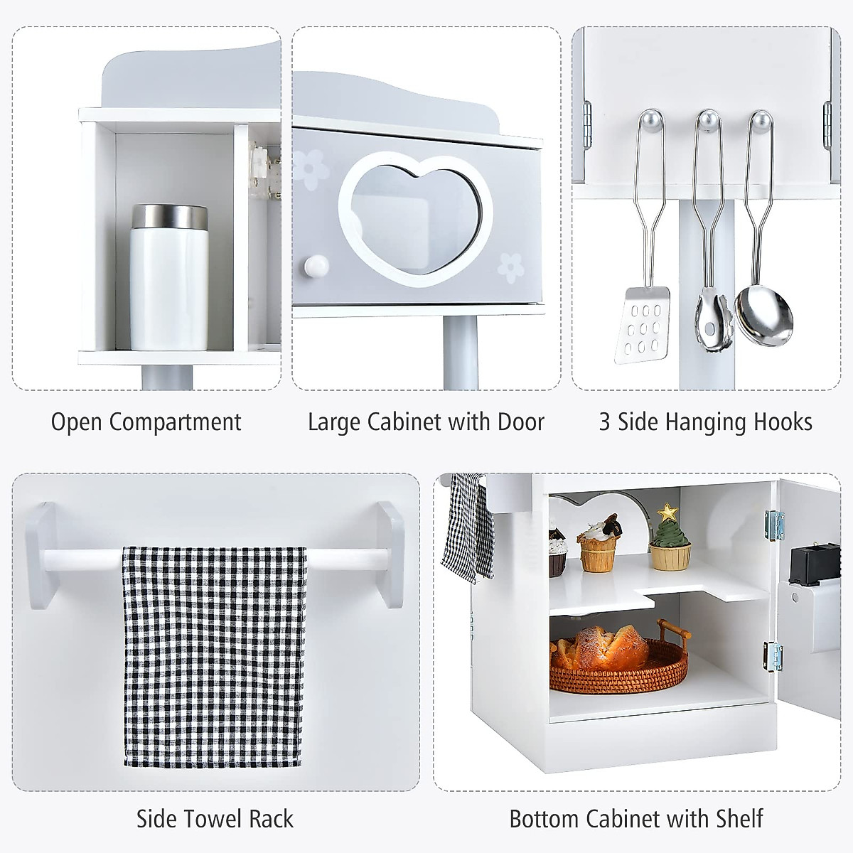 Costzon Kids Kitchen Playset, Double-Sided Wooden Play Kitchen Toy Set w/Realistic Sound, Oven, Ice Cube Dispenser, Utensils, Sink, Large Storage Space, Pretend Chef Cooking Set for Toddlers